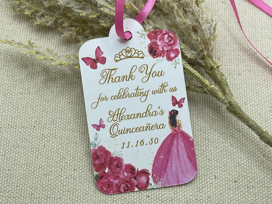 Personalized Quinceanera Favor Tags, Hot Pink Flowers and Butterflies ...