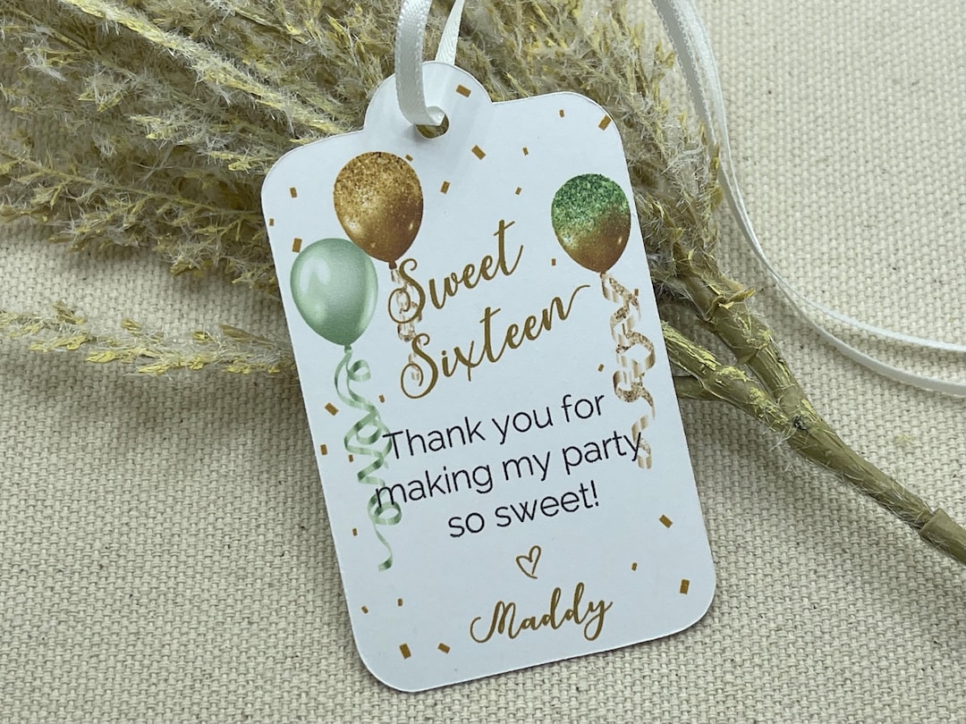 Sweet Sixteen Favor Tags, Sage and Gold Balloons - Etsy