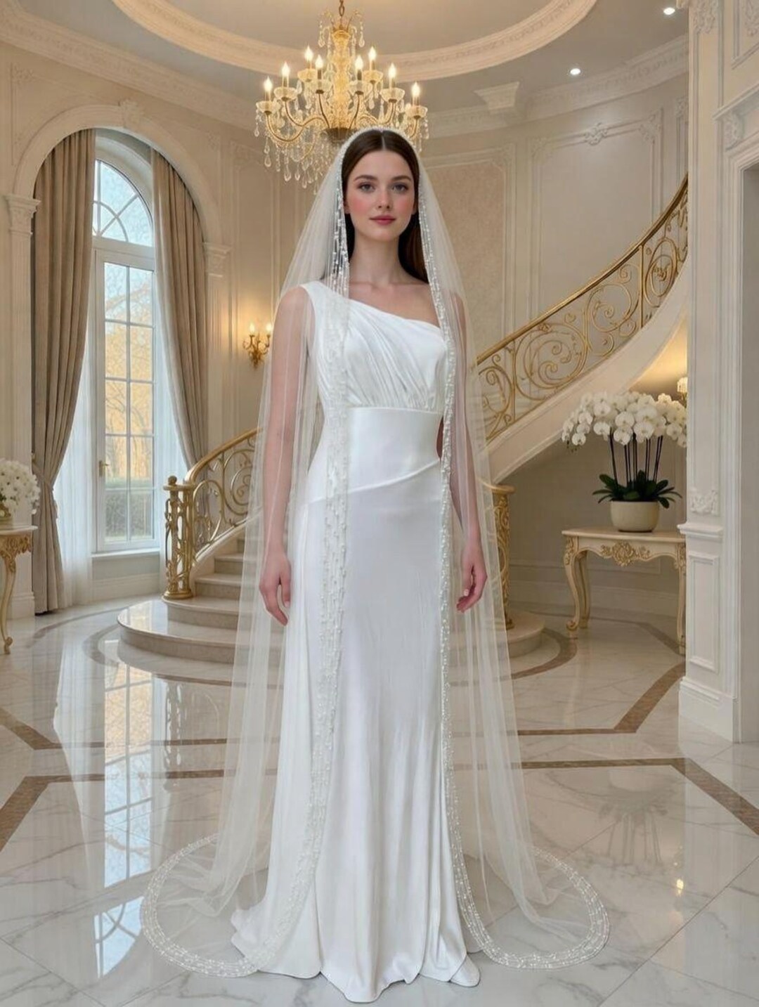 Long Ivory Beaded Lace Bridal Veil, Handmade Floral Cathedral Wedding ...