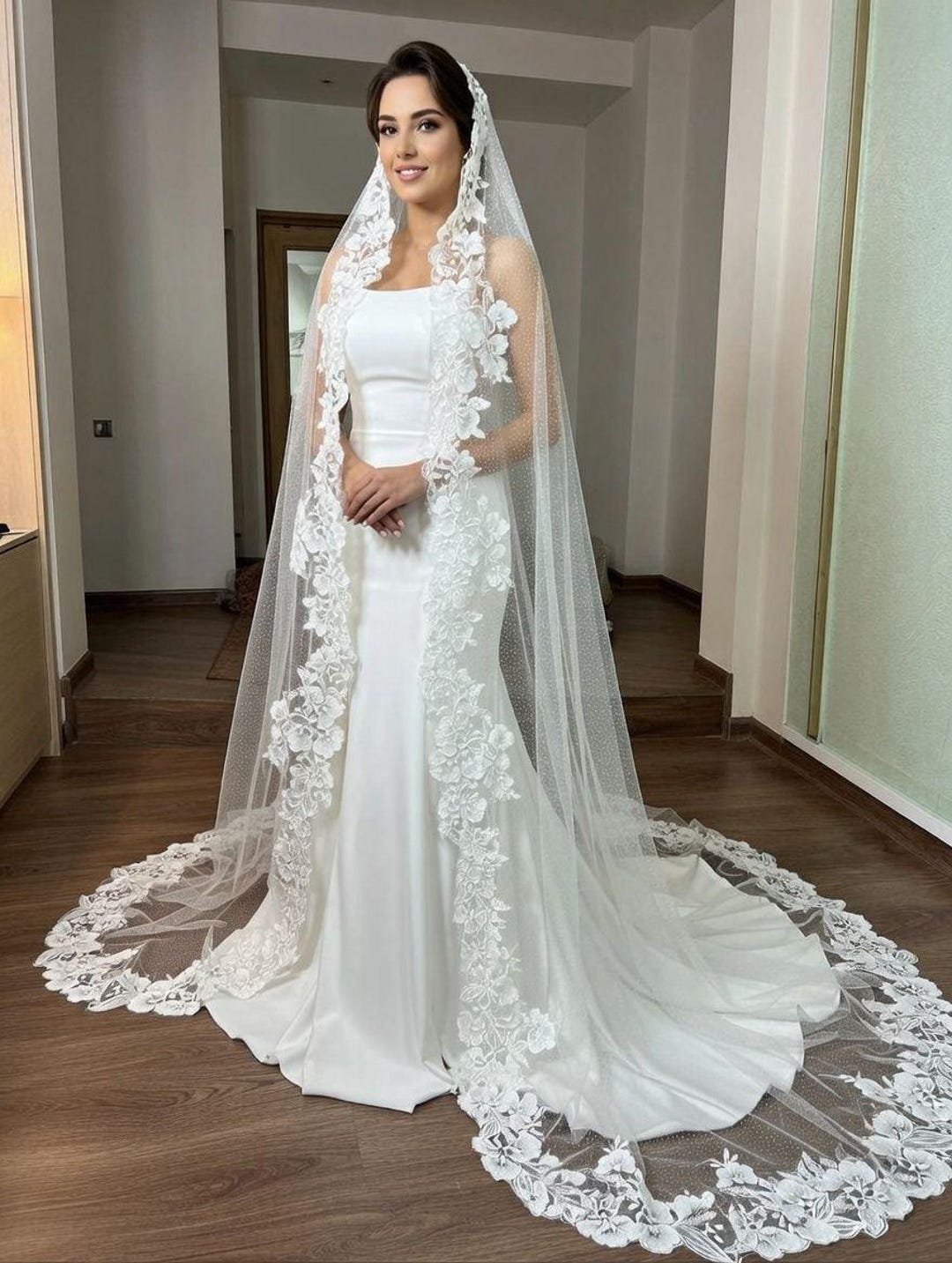 Mantilla Bridal Veil With Sequin Lace, Glitter Wedding Veil, Spanish ...