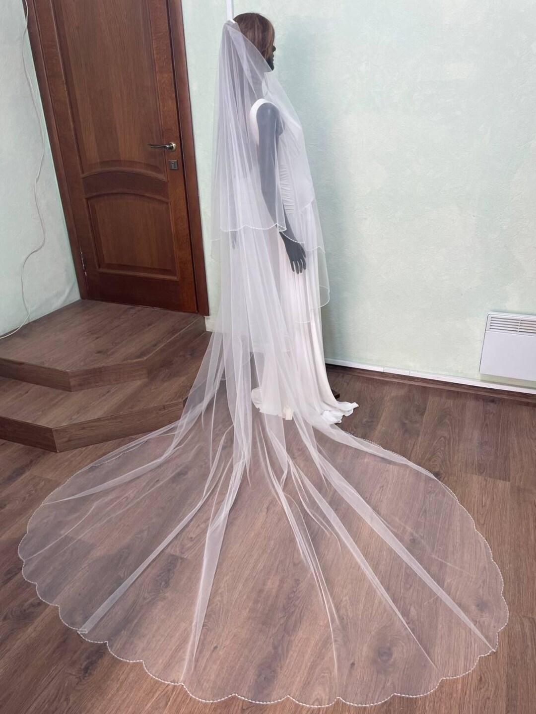 Two Tier Beaded Bridal Veil, Long Wedding Veil With Hand Beaded ...