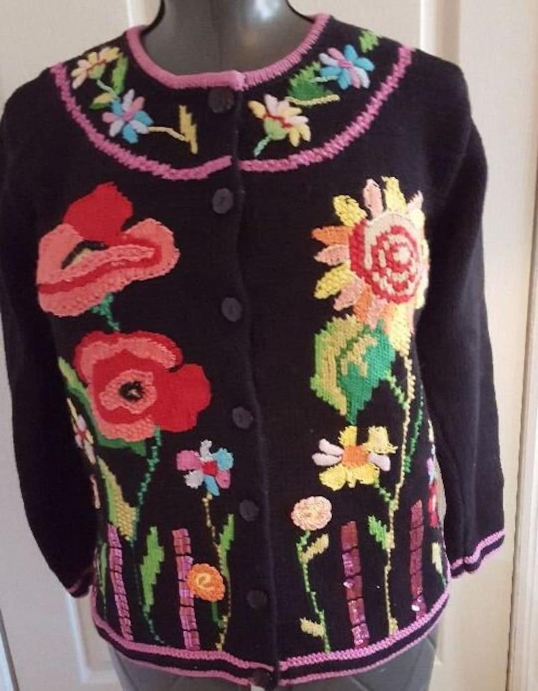 Vintage Storybook Knits Embroidered Floral Sweater "colorful Garden ...