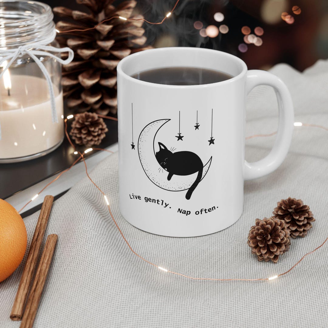 Sleeping Cat on Moon Ceramic Mug | Live Gently Nap Often - Etsy