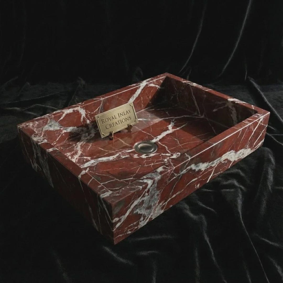 Rosso Levanto Marble Vessel Sink | Rectangular Red & White Stone - Etsy