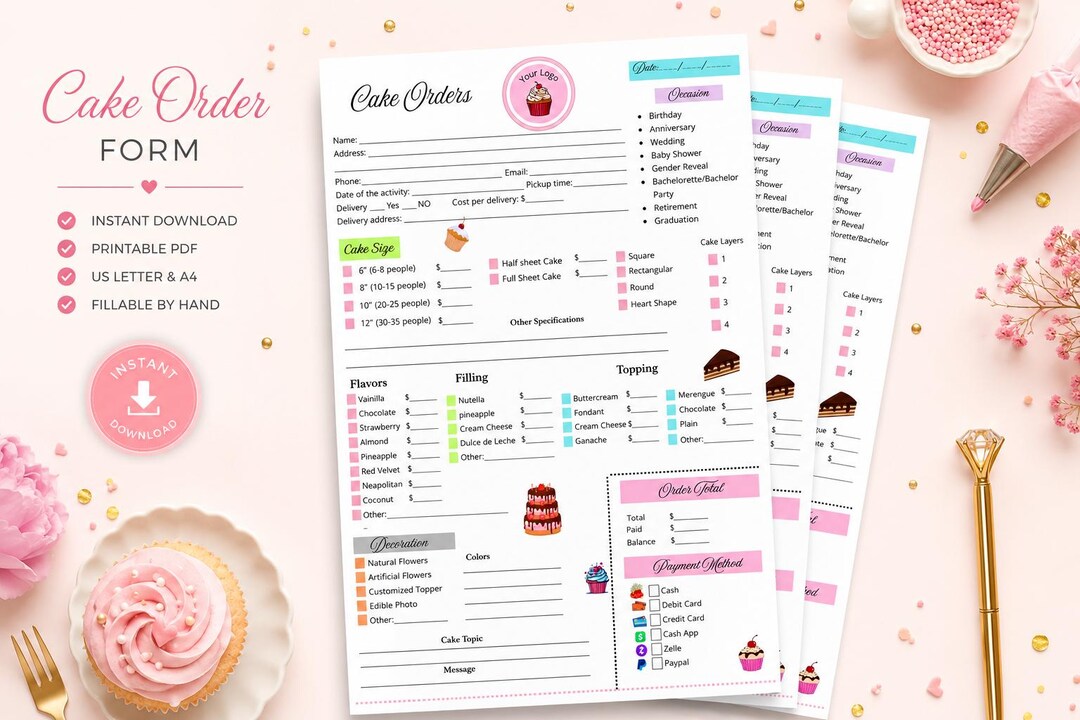 Editable Cake Order Form Template, Bakery Business Sheet (US Letter ...