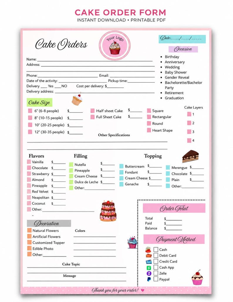 Editable Cake Order Form Template, Bakery Business Sheet (US Letter ...