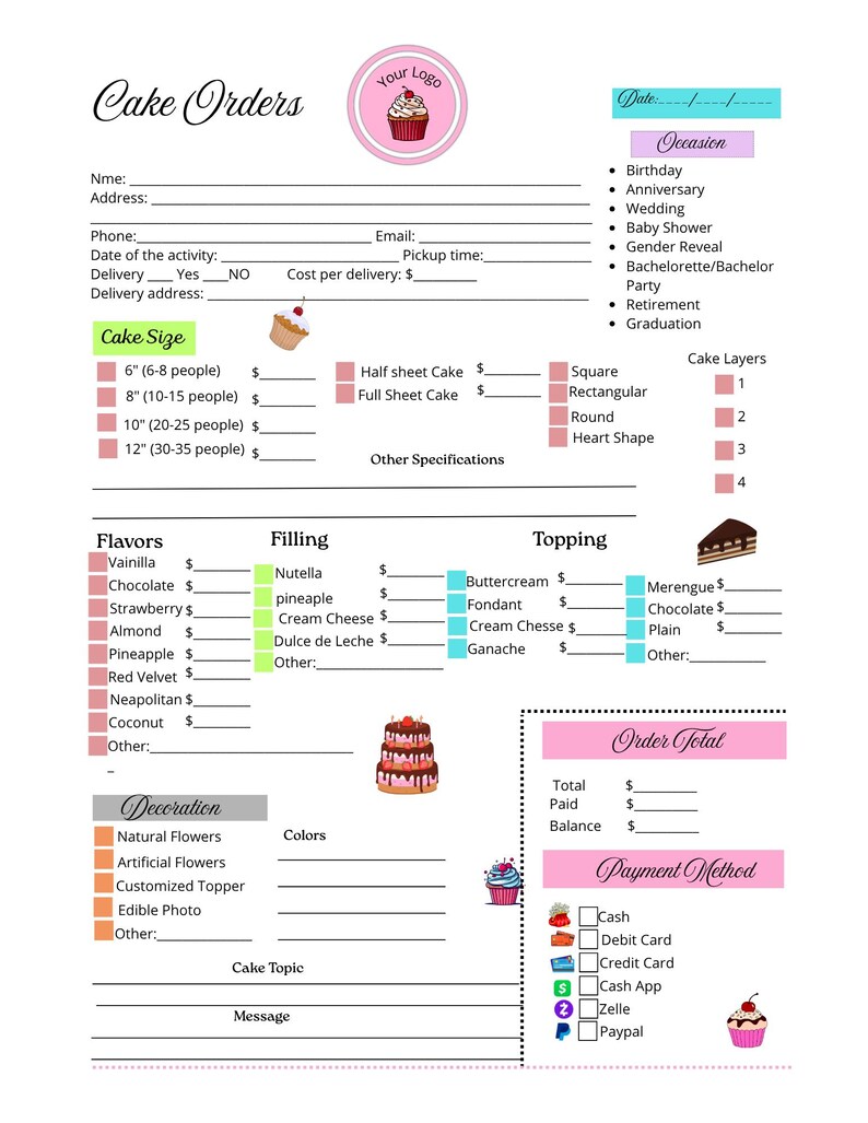 Editable Cake Order Form Template, Bakery Business Sheet (US Letter ...