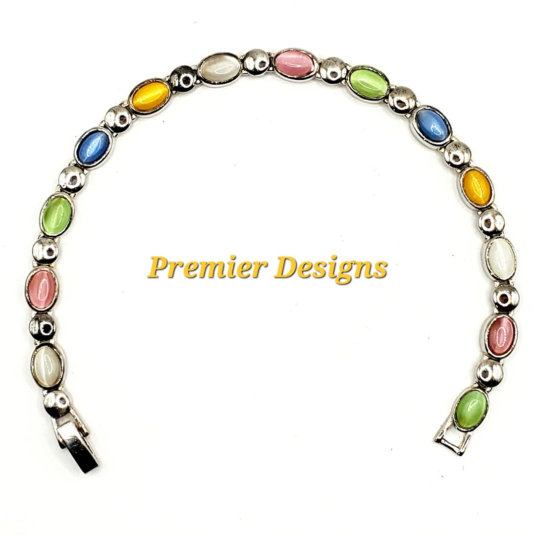 Dainty Pastel Color Moonglow Glass Cabochon Bracelet, Signed Premier ...
