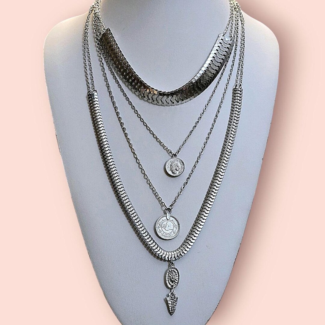 Multi Layer Silver Coin Necklace, Graduated Four Chain Silver Necklace ...