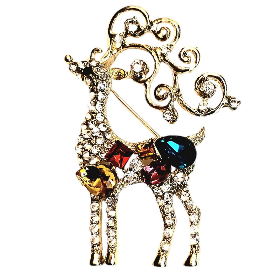 Christmas Reindeer Gold Tone Brooch Pin, Multicolor Rhinestone Reindeer ...