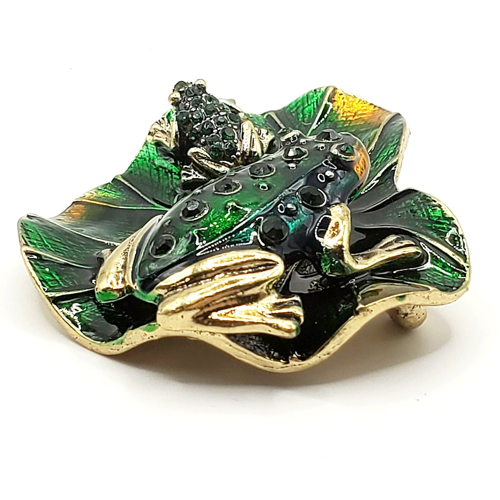 Mama and Baby Frog Brooch on Lily Pad, Rhinestone and Enamel Frog ...