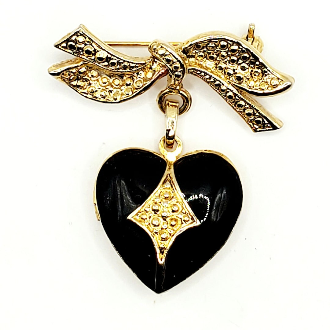 Vintage Double Sided Heart Locket, Ribbon Heart Locket Pin Brooch ...