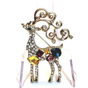 Christmas Reindeer Gold Tone Brooch Pin, Multicolor Rhinestone Reindeer Pin - Etsy