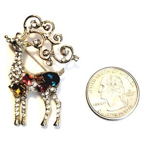 Christmas Reindeer Gold Tone Brooch Pin, Multicolor Rhinestone Reindeer ...