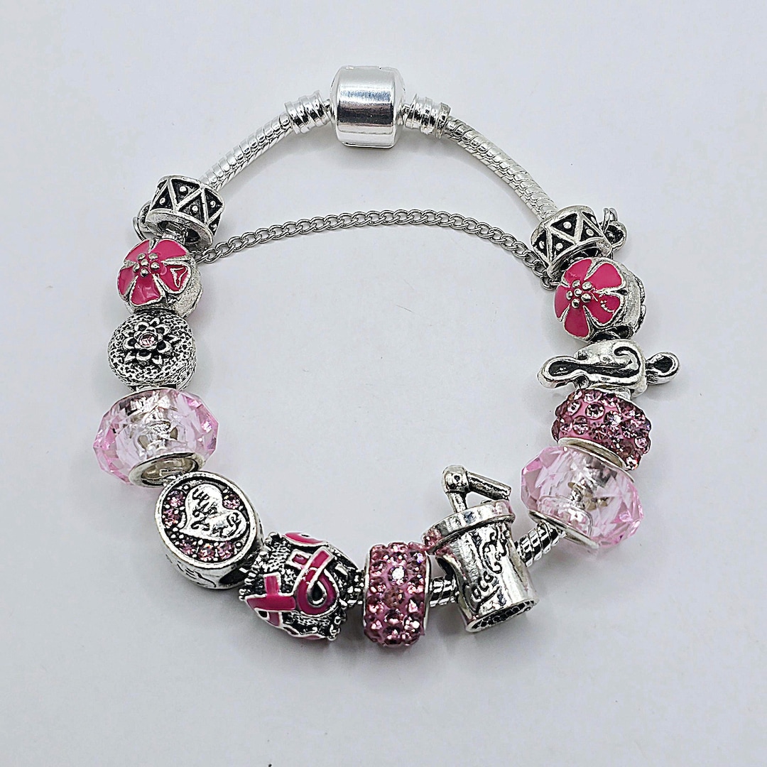 Breast Cancer Charm Bracelet, Pink and Silver Slide Charm Bracelet - Etsy