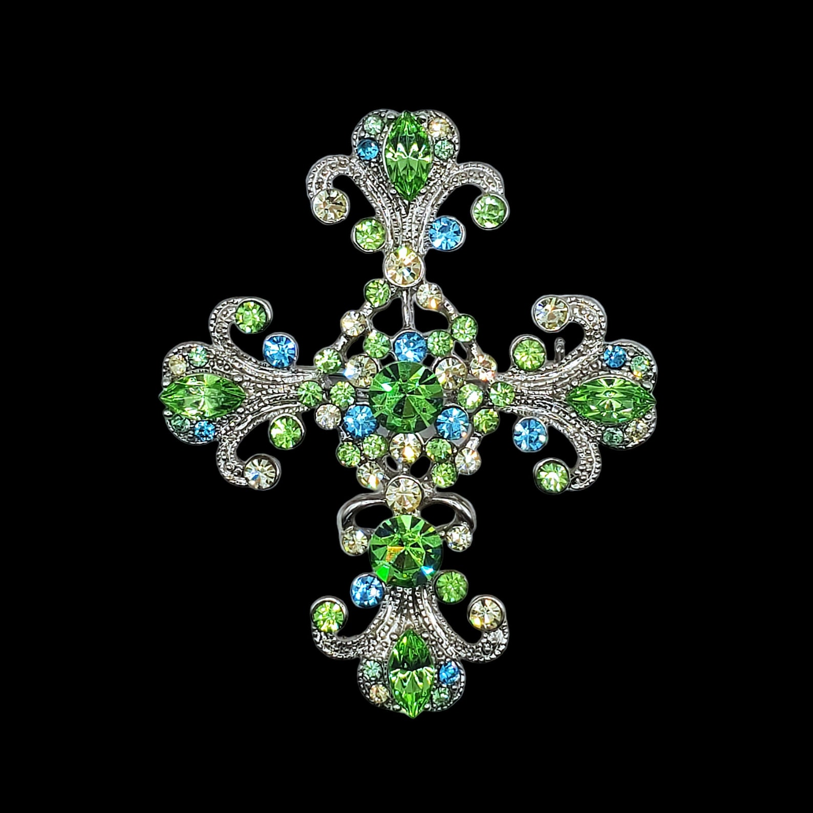 Large Ornate Crystal Cross Brooch Pendant, Peridot Green Aqua Blue ...