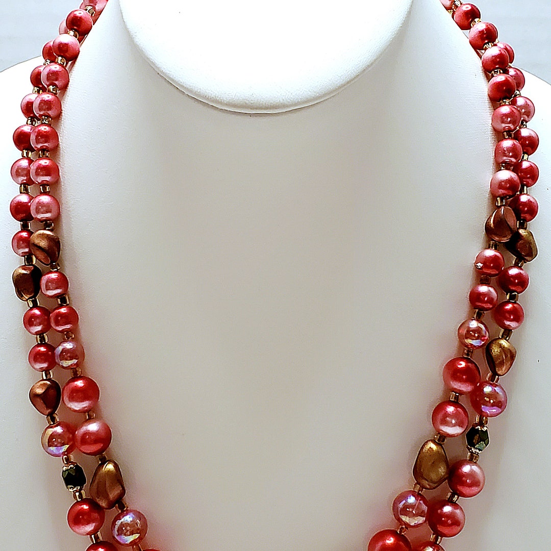 Multi Strand Layered Bead Necklace, Hot Pink Necklace, Black Glass Bead ...