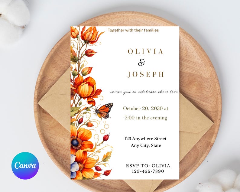 Autumn Floral Wedding Invitation, Monarch Butterfly, Editable Canva ...