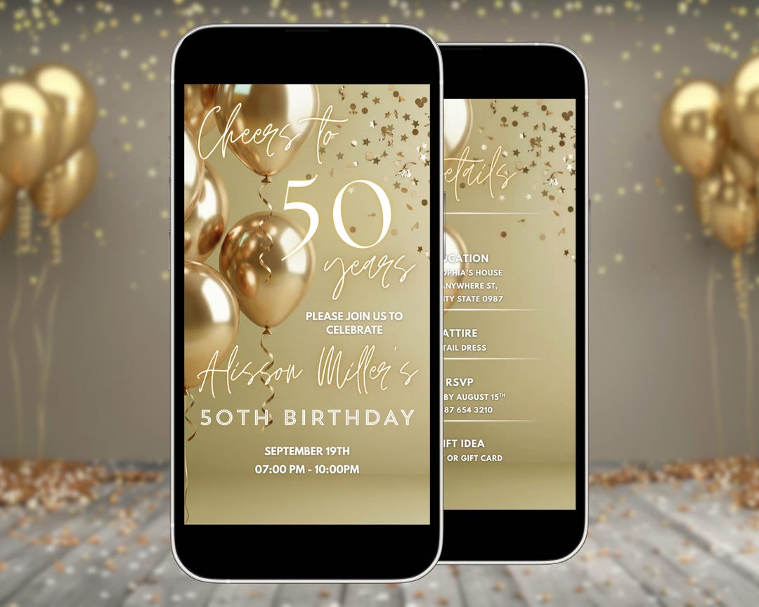 50th Birthday Invitation Gold Balloons Editable | Cheers to 50 Years ...