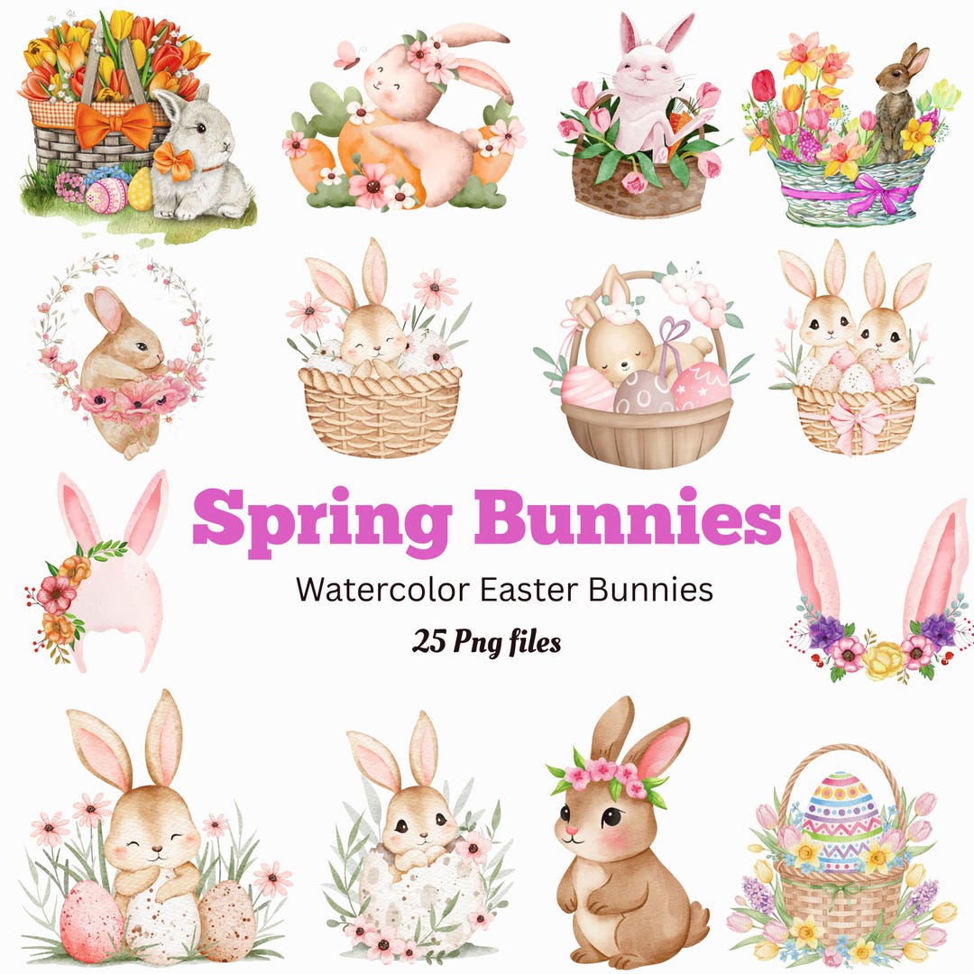 Spring Bunnies Watercolor Clipart, Cute Easter Bunny PNG Bundle, Floral ...