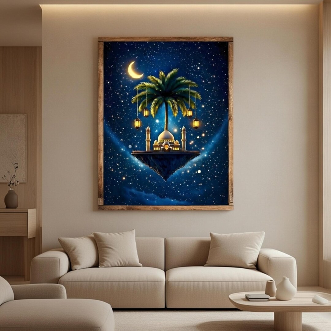 Islamic Wall Art Printable, Floating Mosque Night Sky, Crescent Moon ...