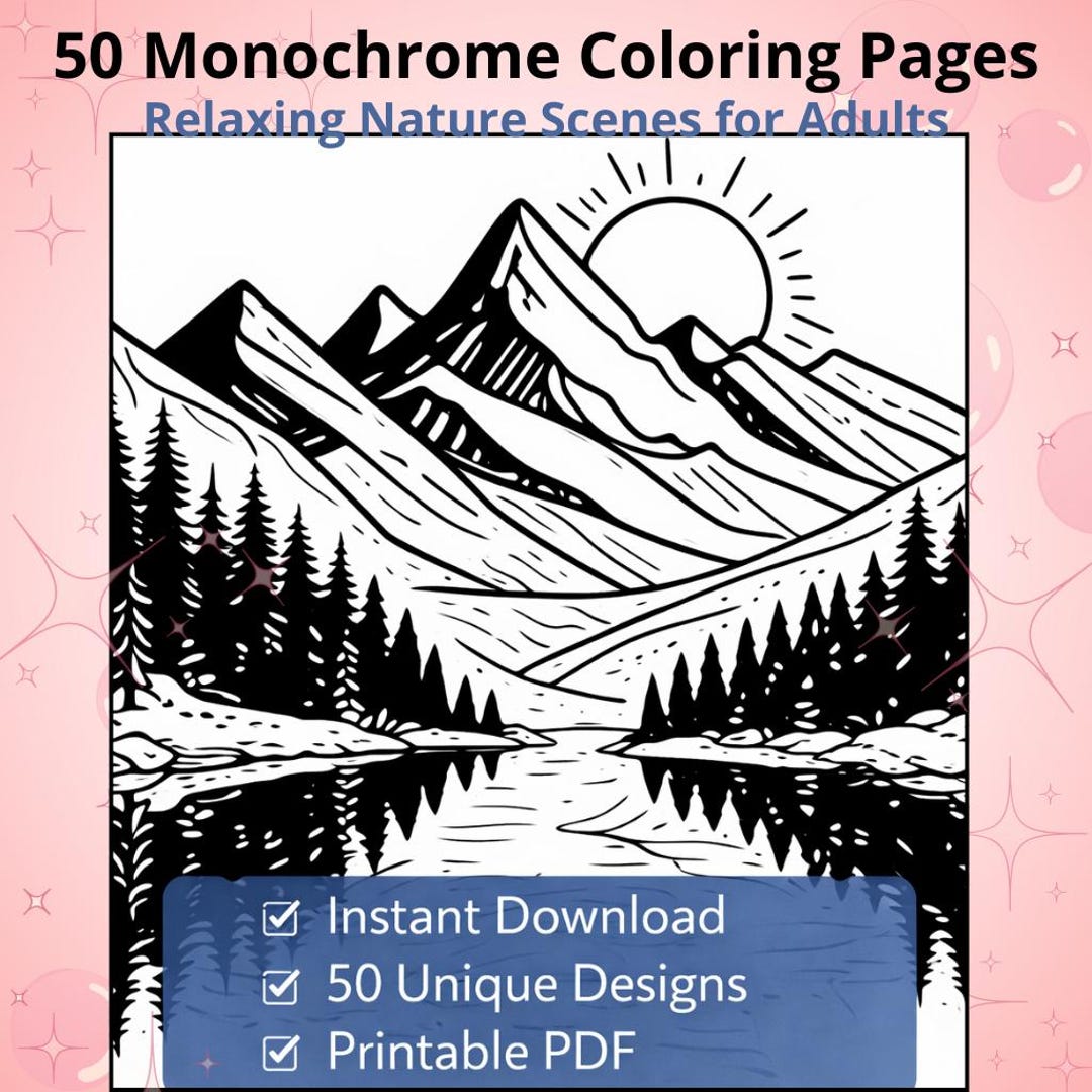 50 Monochrome Nature Coloring Pages – Relaxing Adult Line Art (digital ...
