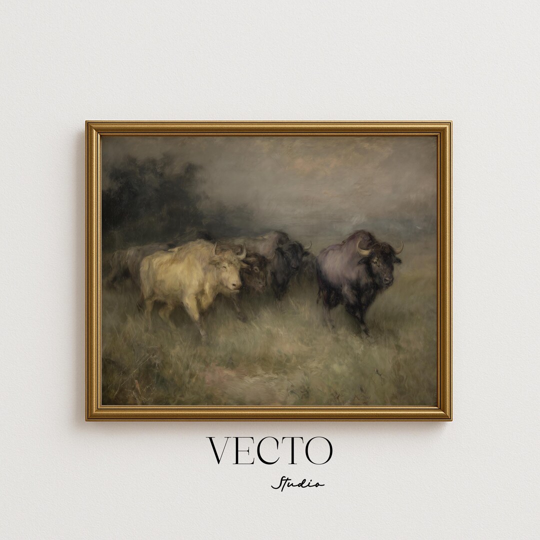 Moody Cattle Herd Painting - Vintage Print, Rustic Earthy Landscape Art ...