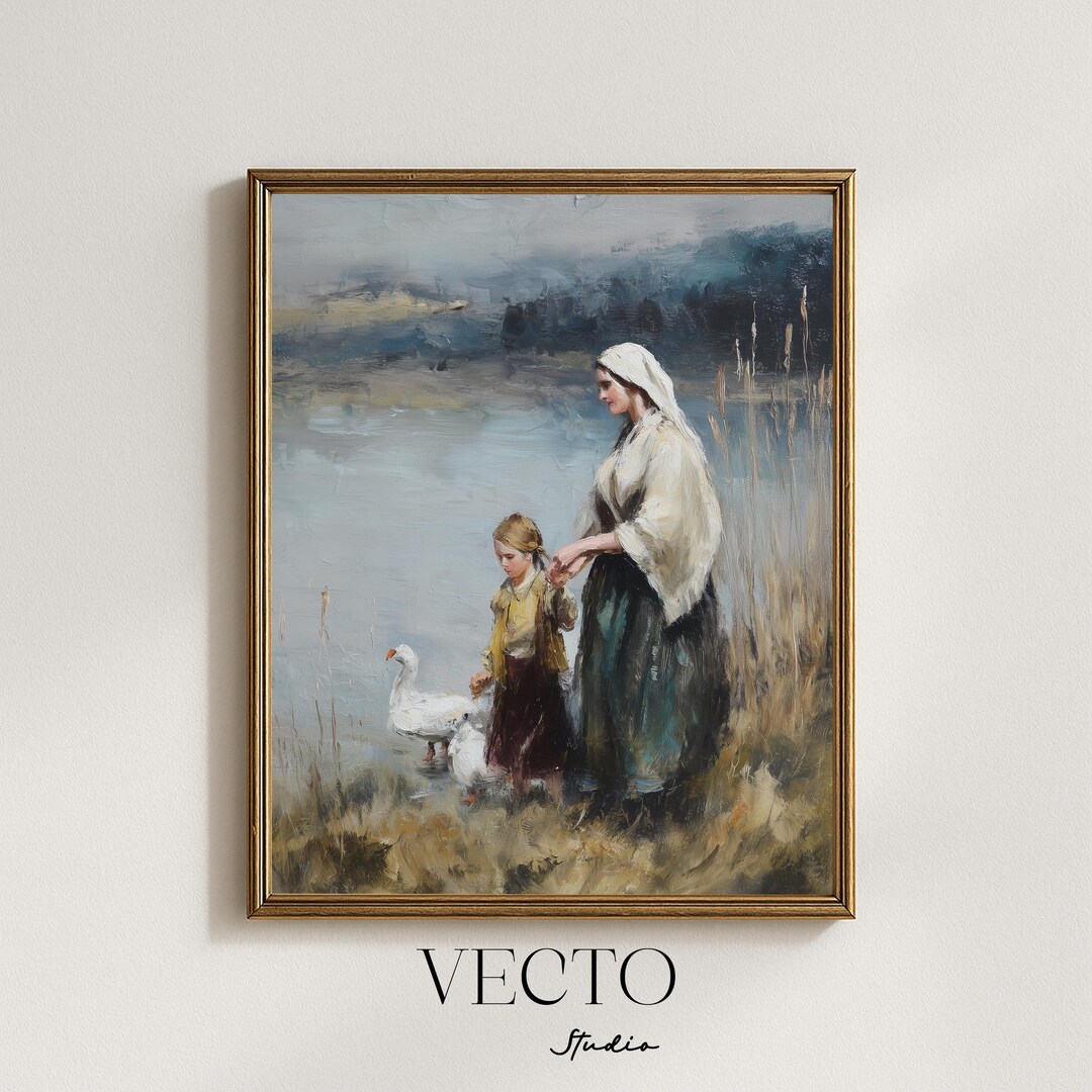 Rustic Cottagecore Mother & Child Print - Vintage Pastoral Scene With ...