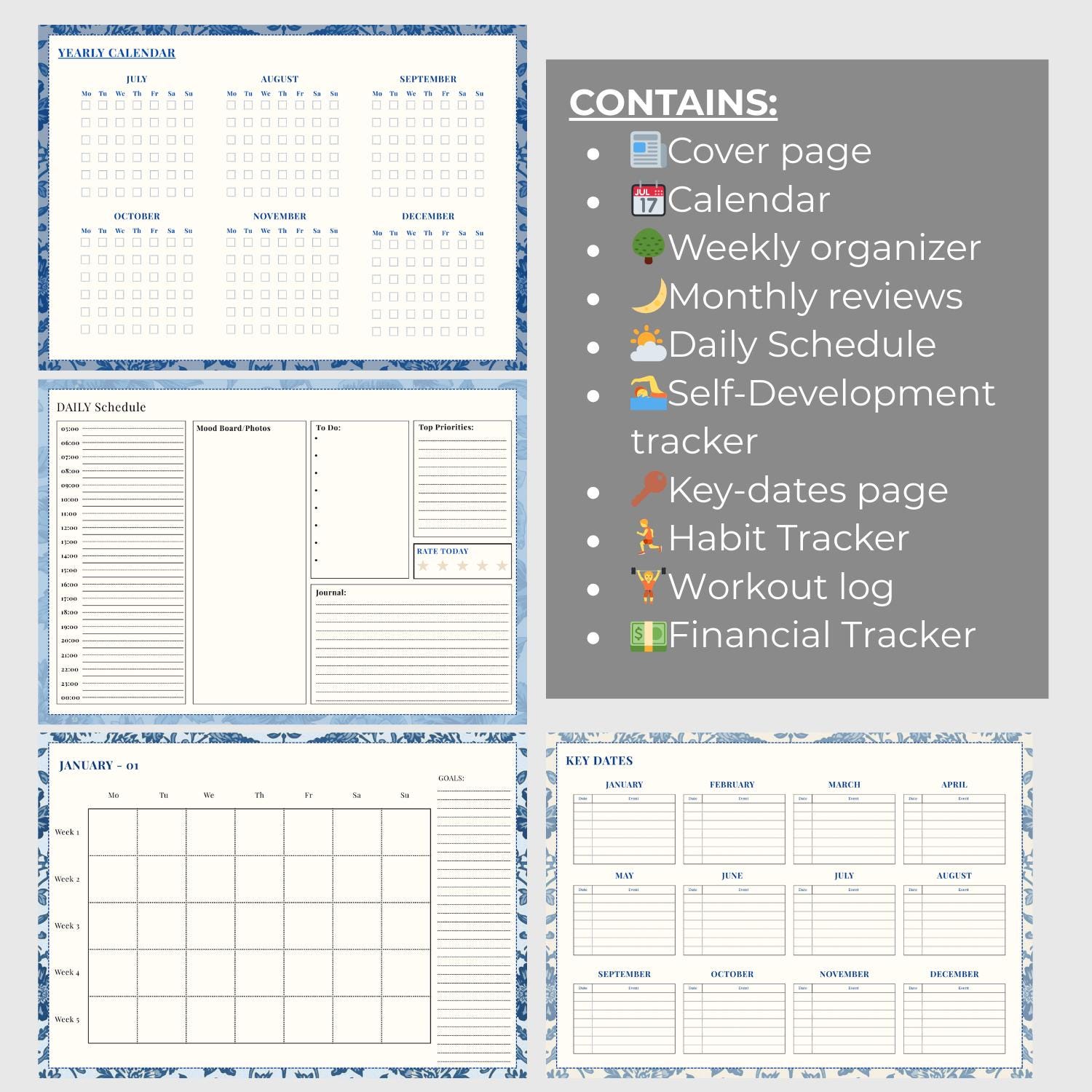Digital Yearly Planner Simple Digital Download Blue Floral Organizer ...