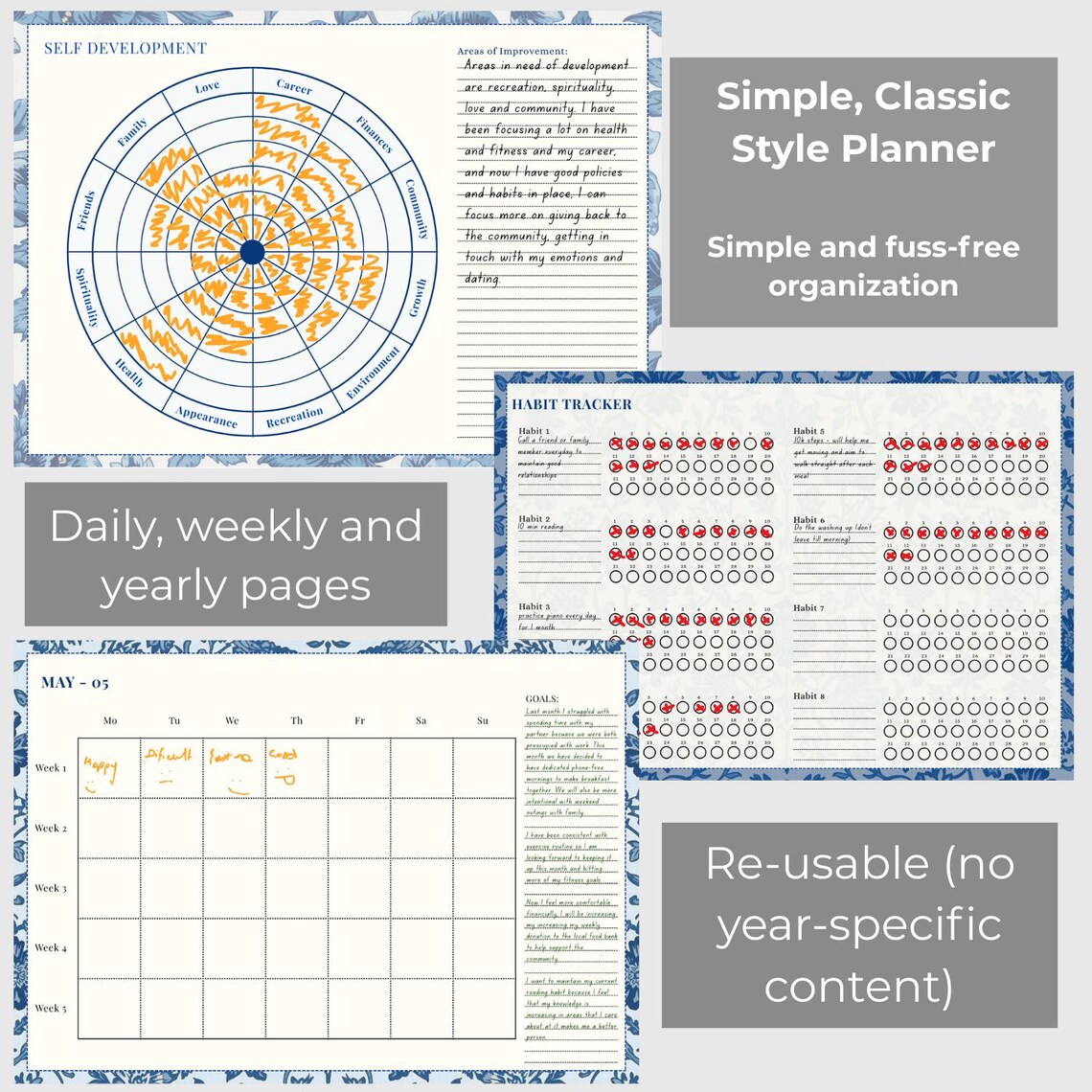 Digital Yearly Planner Simple Digital Download Blue Floral Organizer ...