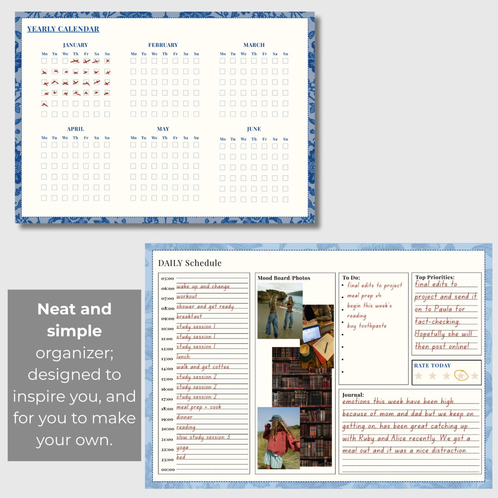 Digital Yearly Planner Simple Digital Download Blue Floral Organizer ...
