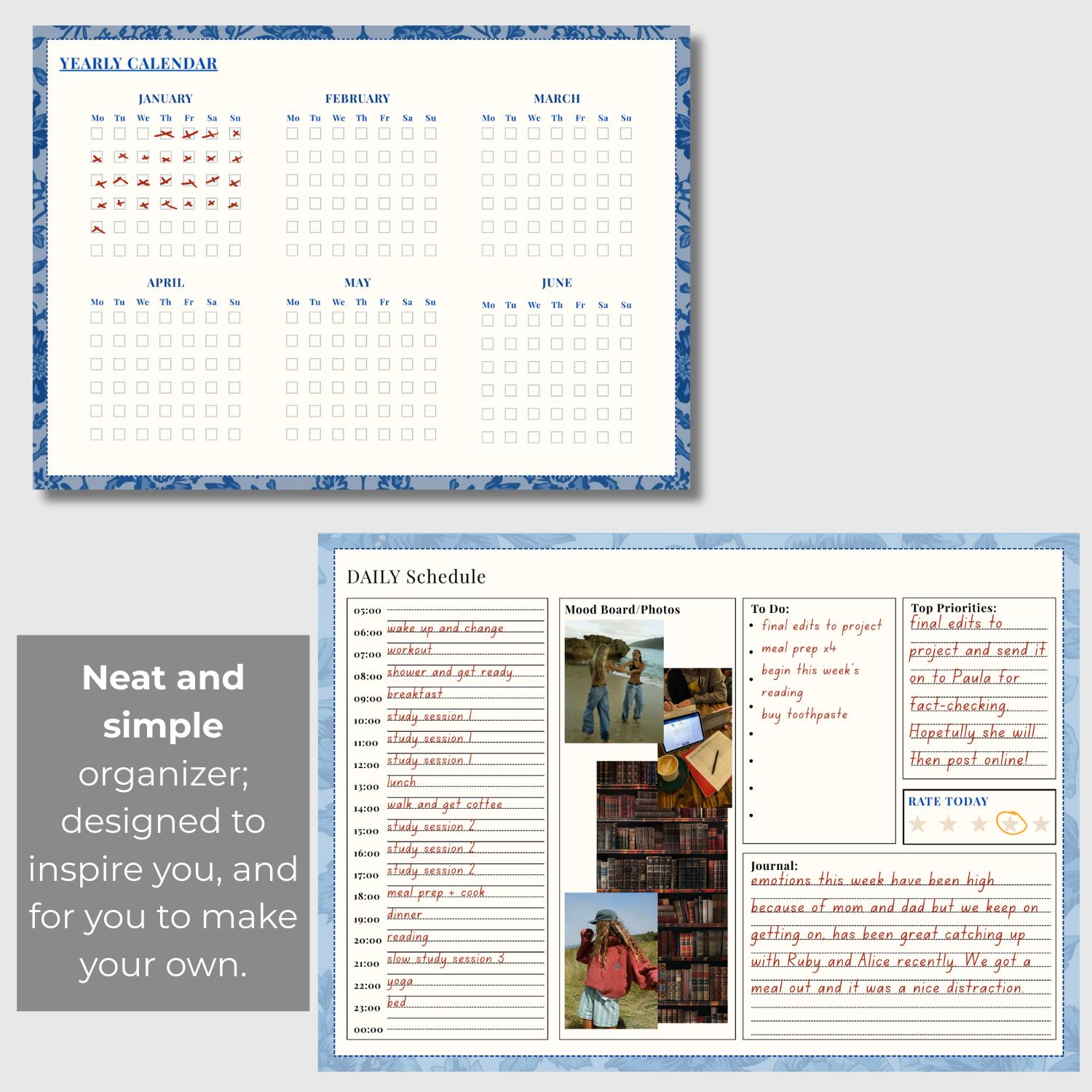 Digital Yearly Planner Simple Digital Download Blue Floral Organizer ...