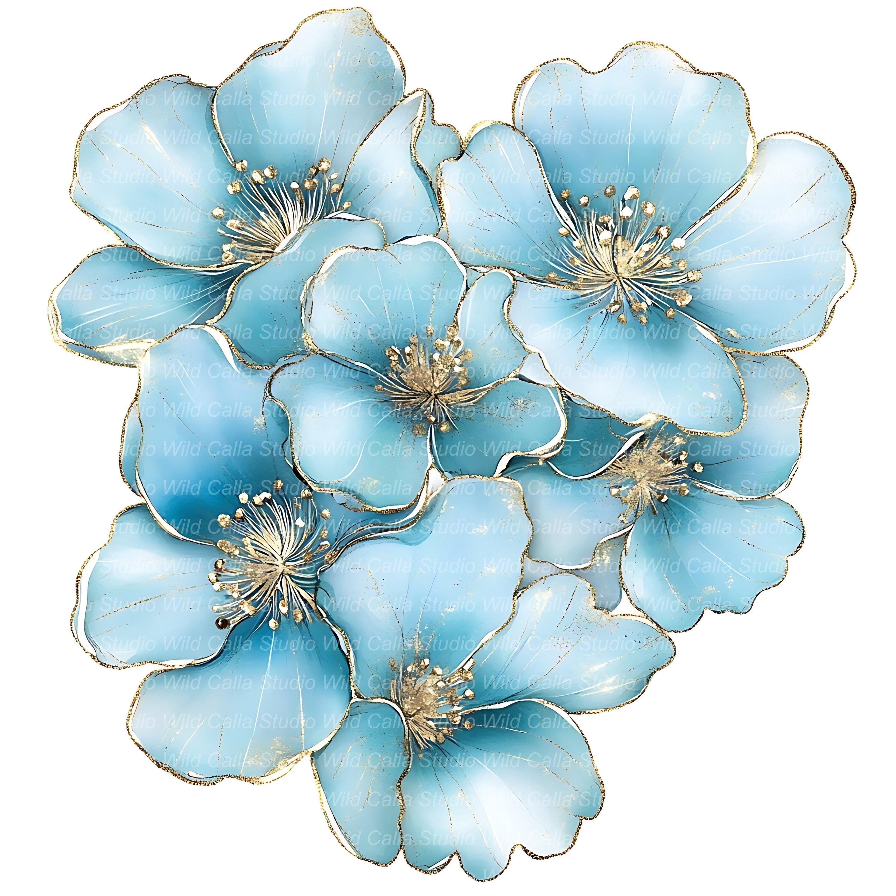 Floral Clipart Pack: Cyan Watercolor Flowers With Gold (15 Digital Jpgs ...
