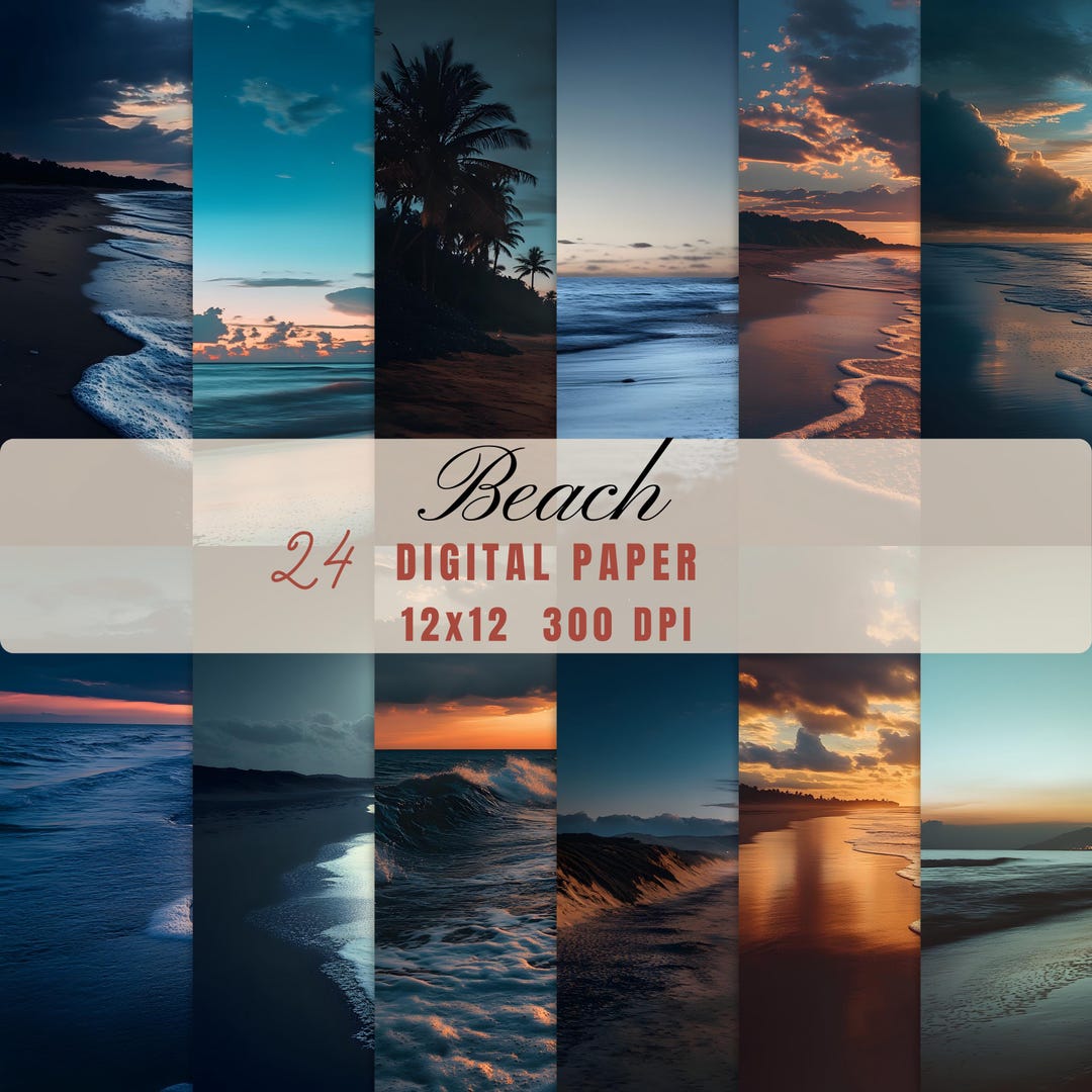 Beach Sunset Digital Paper Pattern, Dusk Dawn Scene (12x12in, 300 DPI ...