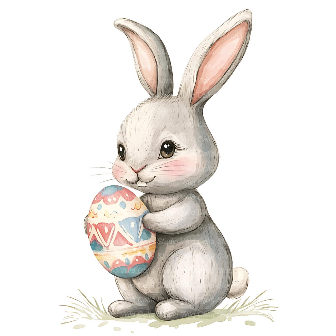 Cute Easter Bunny Clipart - Decorated Egg, Pastel Spring Art - Etsy