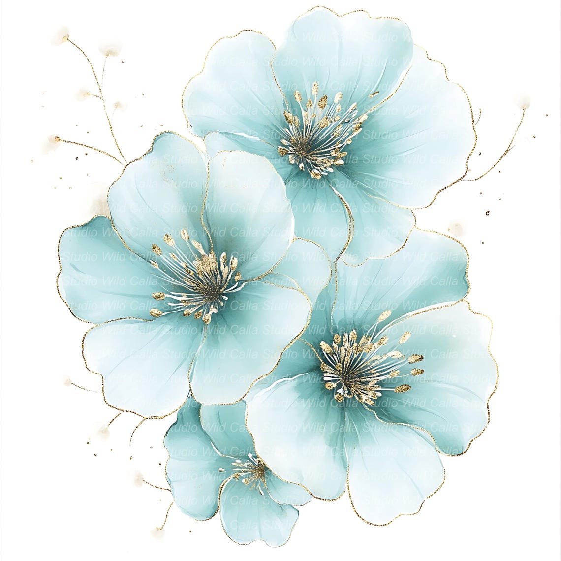 Floral Clipart Pack: Cyan Watercolor Flowers With Gold (15 Digital Jpgs ...