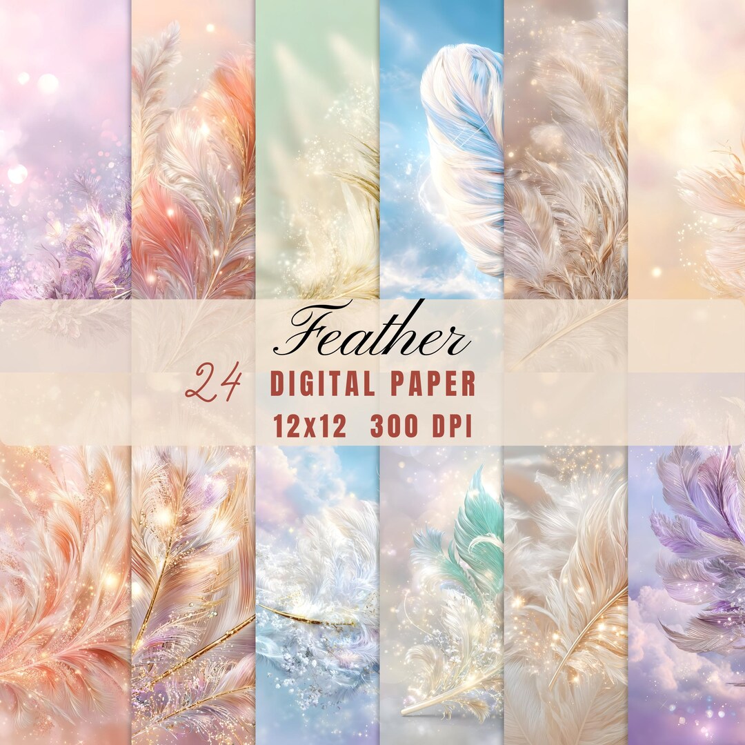Feather Digital Paper Pack: Ethereal Pattern, 24 JPG Textures | 12x12 ...