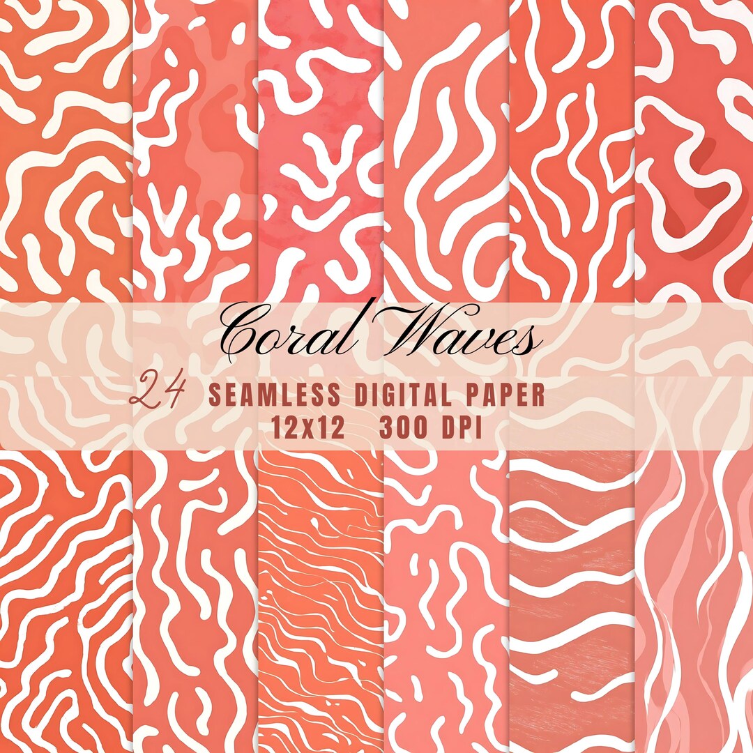 Seamless Digital Paper: Coral White Waves (printable Scrapbook ...