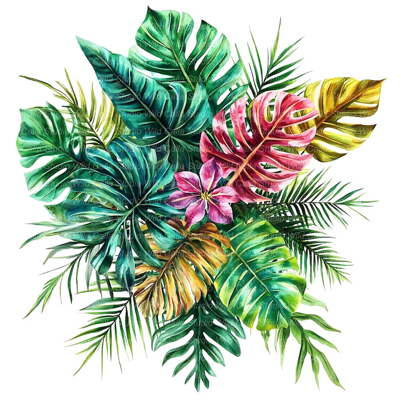 Tropical Leaves Clipart: Watercolor Jungle Plants - Digital ...