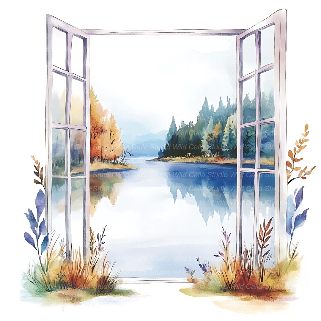 Watercolor Lakeshore Clipart: Enchanted Window Views (13 Digital Images ...