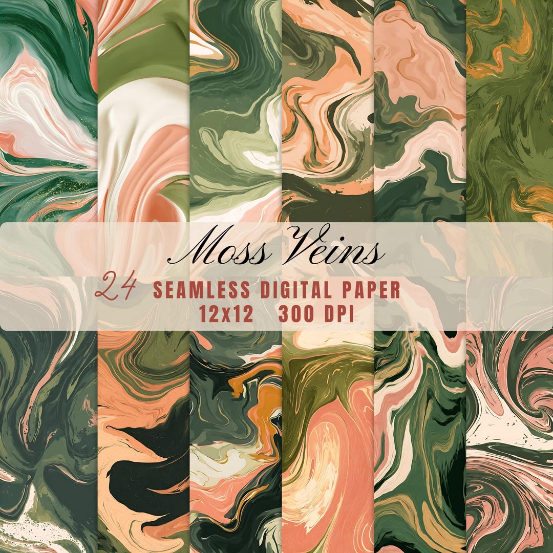 Moss Green Peach Swirl Veins Digital Paper Seamless Marble Texture ...