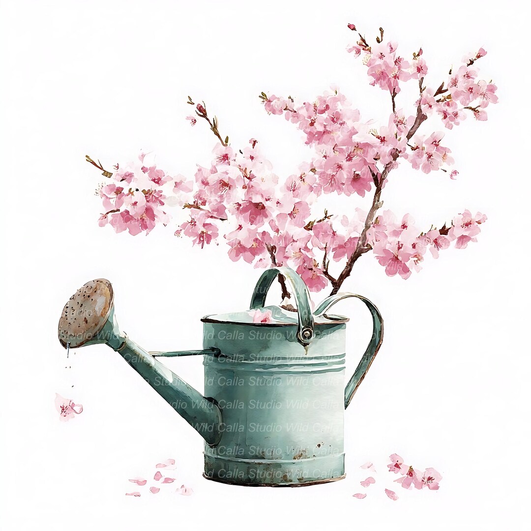 Spring Watering Can Clipart, Pink Blossoms, Watercolor Japanese Flowers ...
