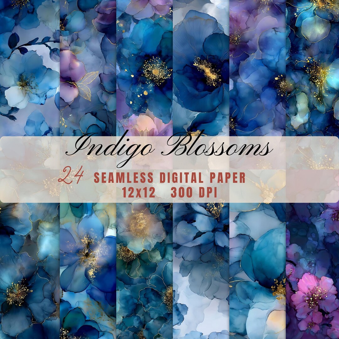 Alcohol Ink Digital Paper, Indigo Blossoms, Abstract Floral (12x12 ...
