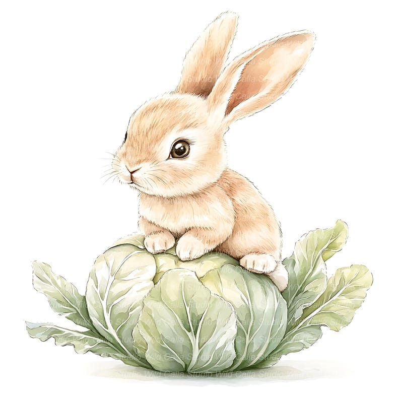 Bunny Cabbage Clipart, Watercolor Cute Easter Nursery Designs (10 JPG ...