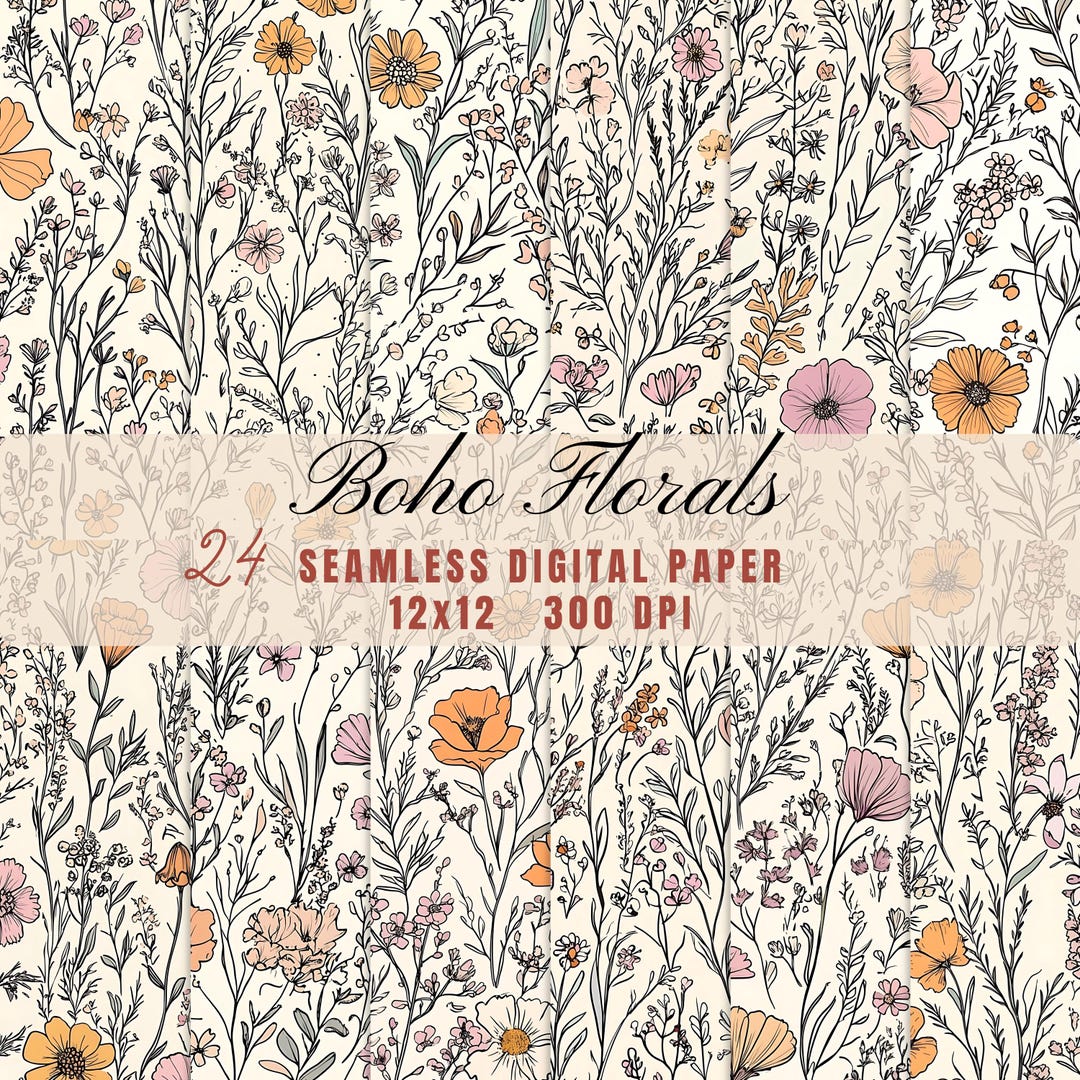 Handdrawn Flowers Digital Paper: Muted Spring Palette - Seamless ...