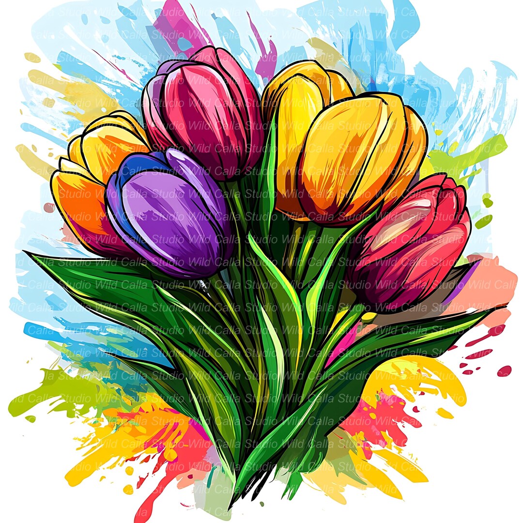 Spring Tulip Clipart, Whimsical Watercolor Bouquet, Cartoon Graffiti ...