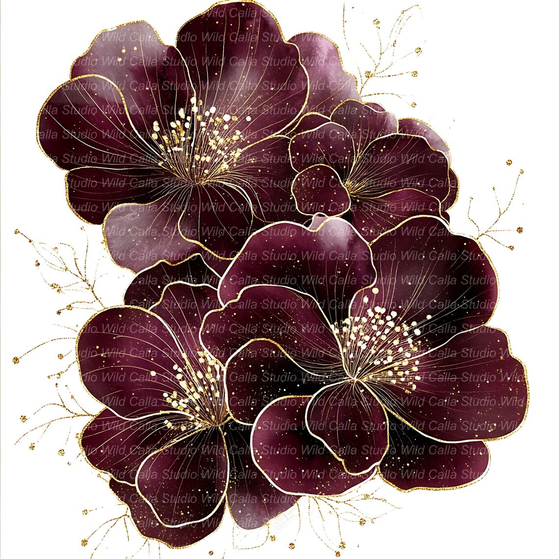 Flower Clipart Set: Maroon Abstract Watercolor - Gold Floral Accents - Etsy