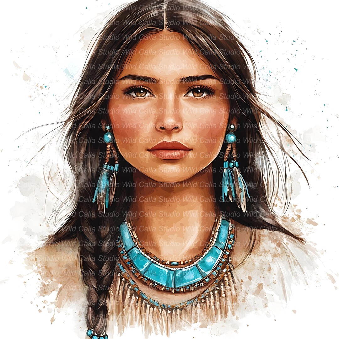 Turquoise Native American Woman Clipart - Watercolor Digital Download ...