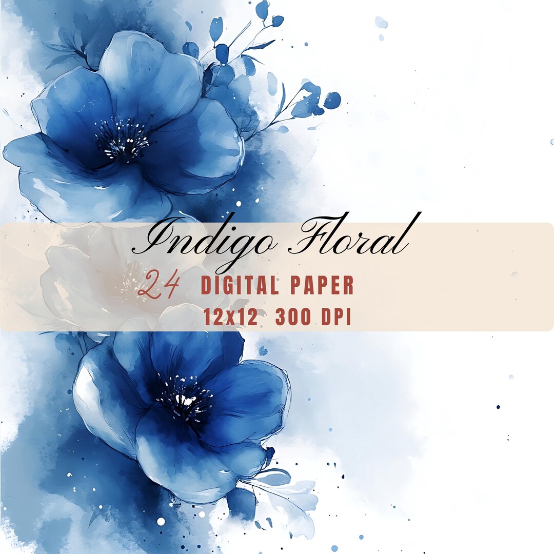 Indigo Watercolor Floral Digital Papers - 24 Printable Scrapbook ...