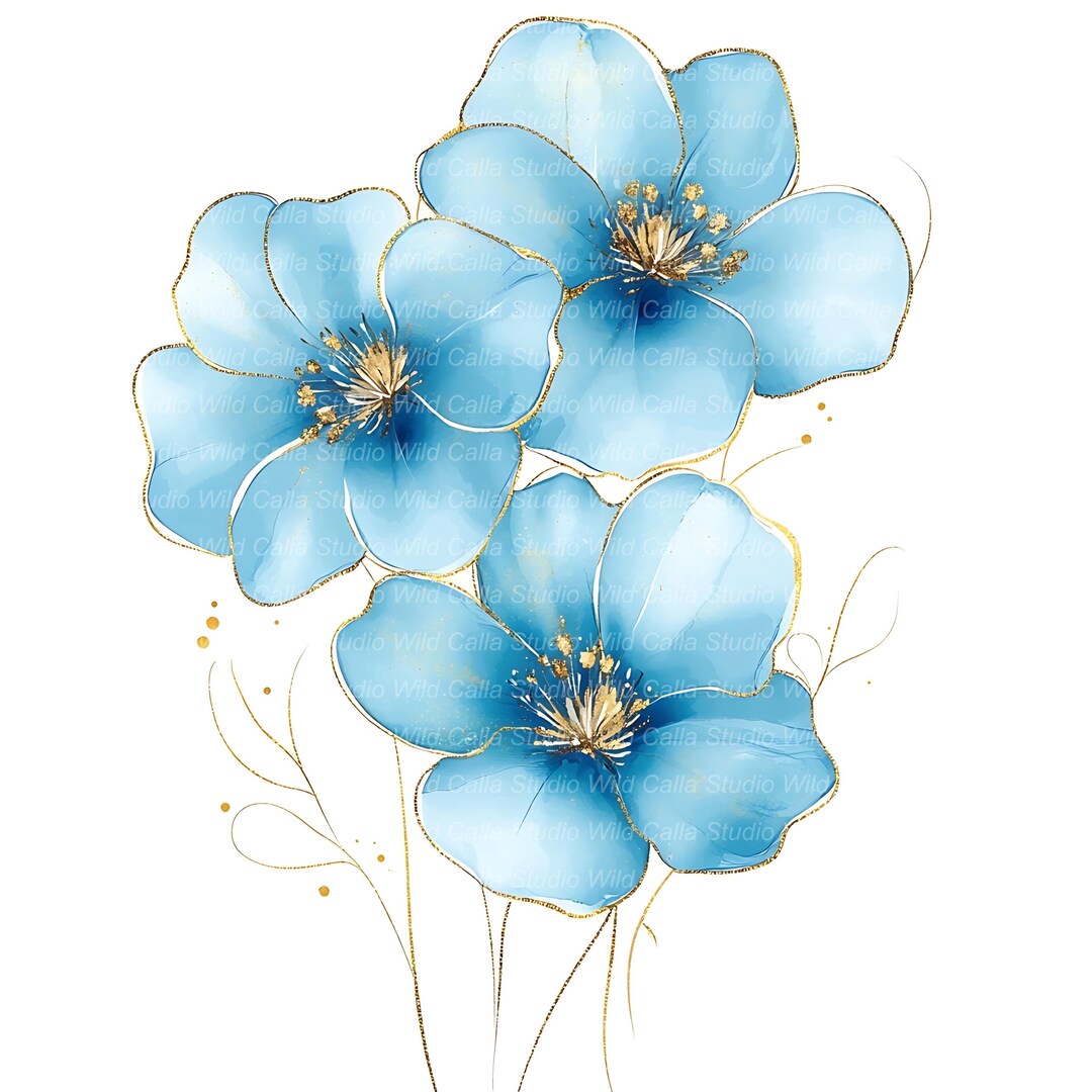 Floral Watercolor Clipart, Azure Blue Flowers, Gold Highlights (16 JPG ...